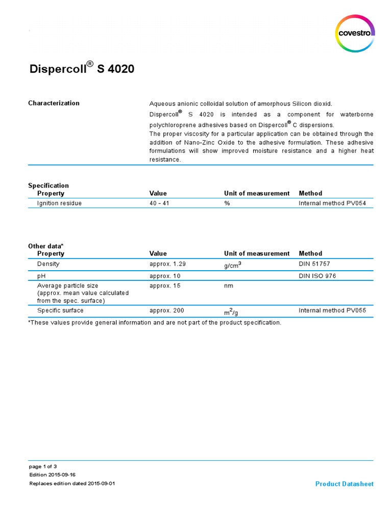 Dispercoll S 4020 | Specification (Technical Standard) | Medical Device
