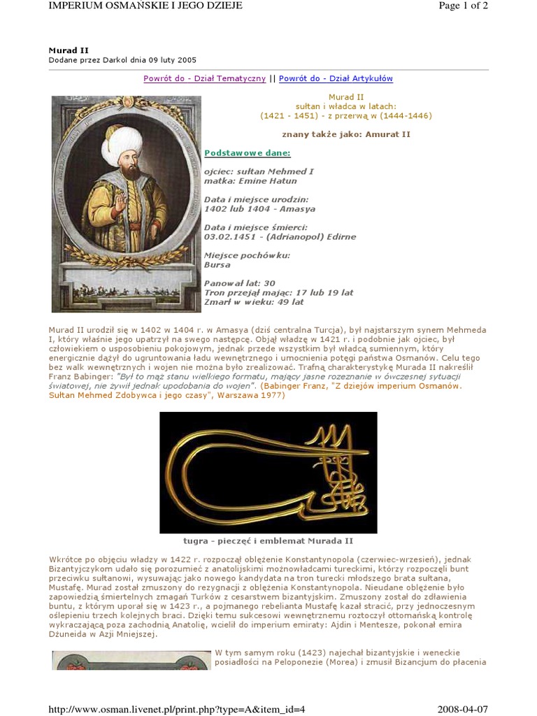 Murad II Sułtan I Władca W Latach - (1421 - 1451) - Z Przerwą W (1444 ...