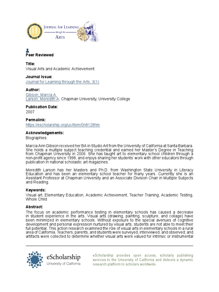 Visual Arts and Academic Achievement | PDF | Teachers | Curriculum