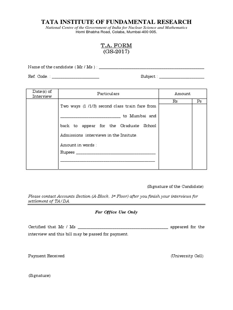 Tata Institute of Fundamental Research: T.A. Form (GS-2017) | PDF