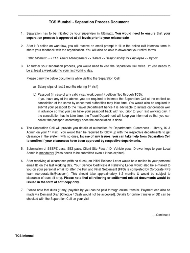 TCS Separation Process Guidelines | PDF | Passport | Cheque