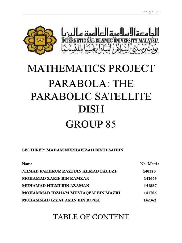 Mathematics Project Parabola: The Parabolic Satellite Dish Group 85 ...