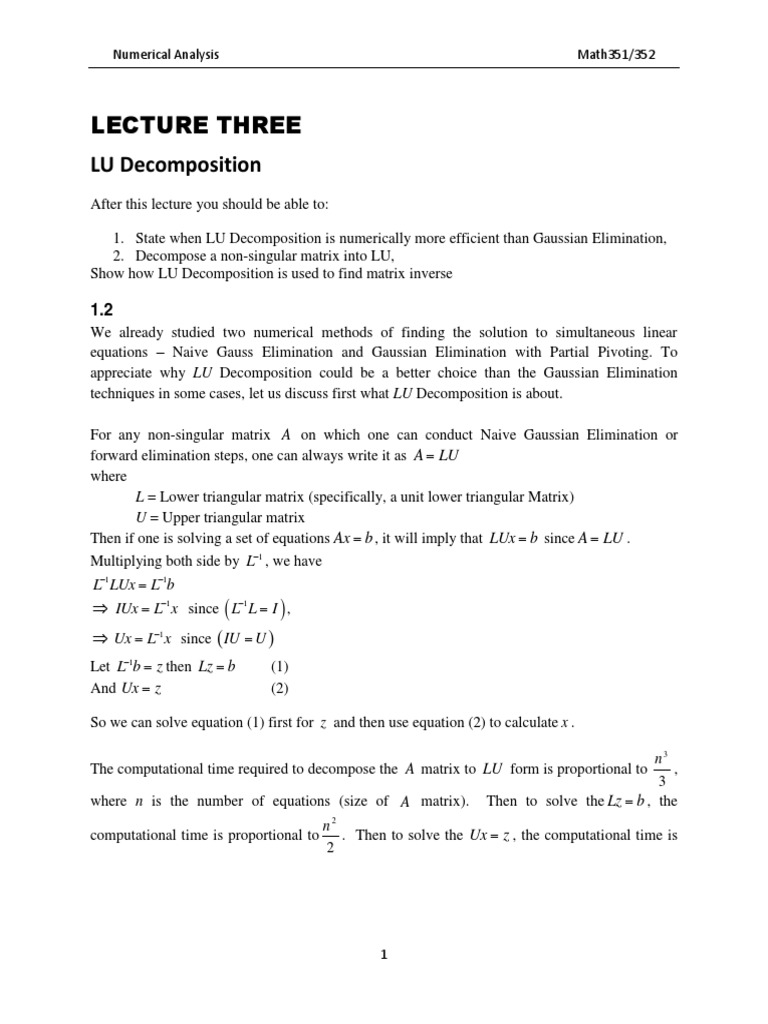 Lecture Three LU Decomposition: Numerical Analysis Math351/352 | PDF ...