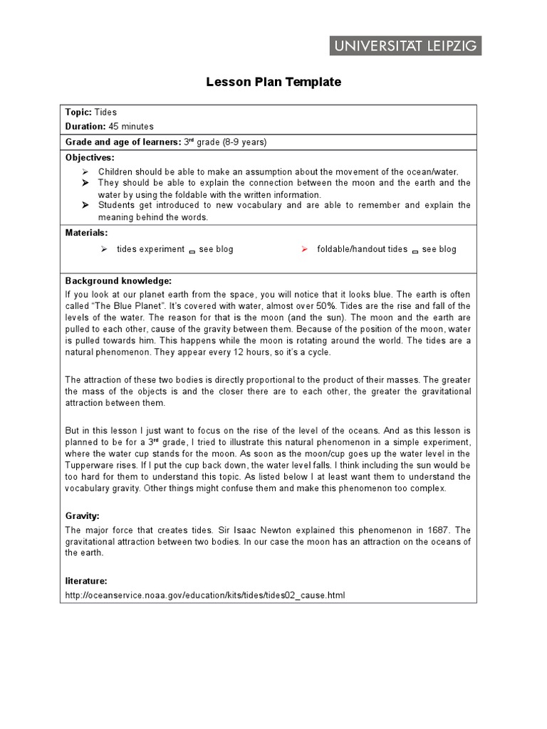 3rd Grade Lesson Plan on Tides | PDF | Gravity | Tide
