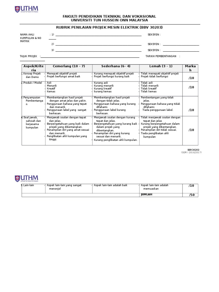 Rubrik Pembentangan Projek (Berkumpulan) Bbv30203 | PDF