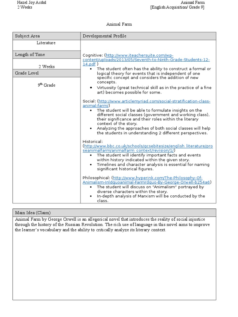 Animal Farm Unit Plan Assessments | PDF