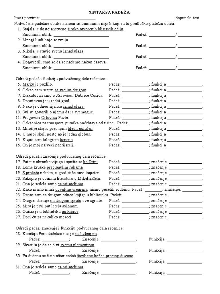 KONTROLNI - IV Razred - Padezi 2016-17 - Dopunski Test (Jedna Grupa) | PDF