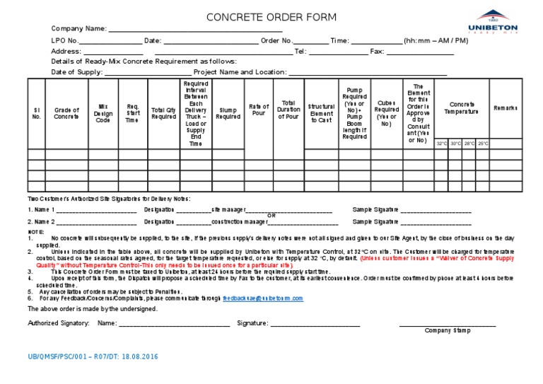 Concrete Order Form | PDF | Concrete | Business