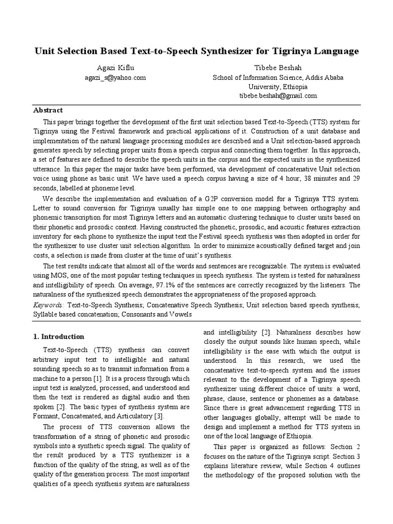 Unit Selection Based Text-to-Speech Synthesizer For Tigrinya Language | Download Free PDF ...