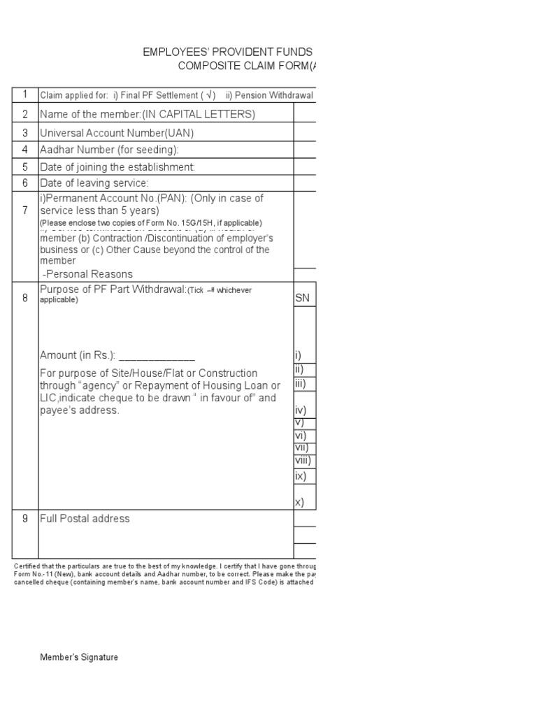 Employees' Provident Funds Organisation Composite Claim Form (Aadhar) 1 ...