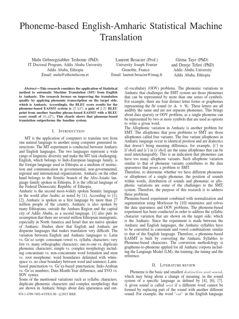 Phoneme-Based English-Amharic Statistical Machine Translation | PDF | Orthography | Syllable