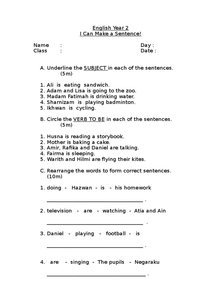 Year 2 Sentence Making Activities | PDF | Language Arts & Discipline