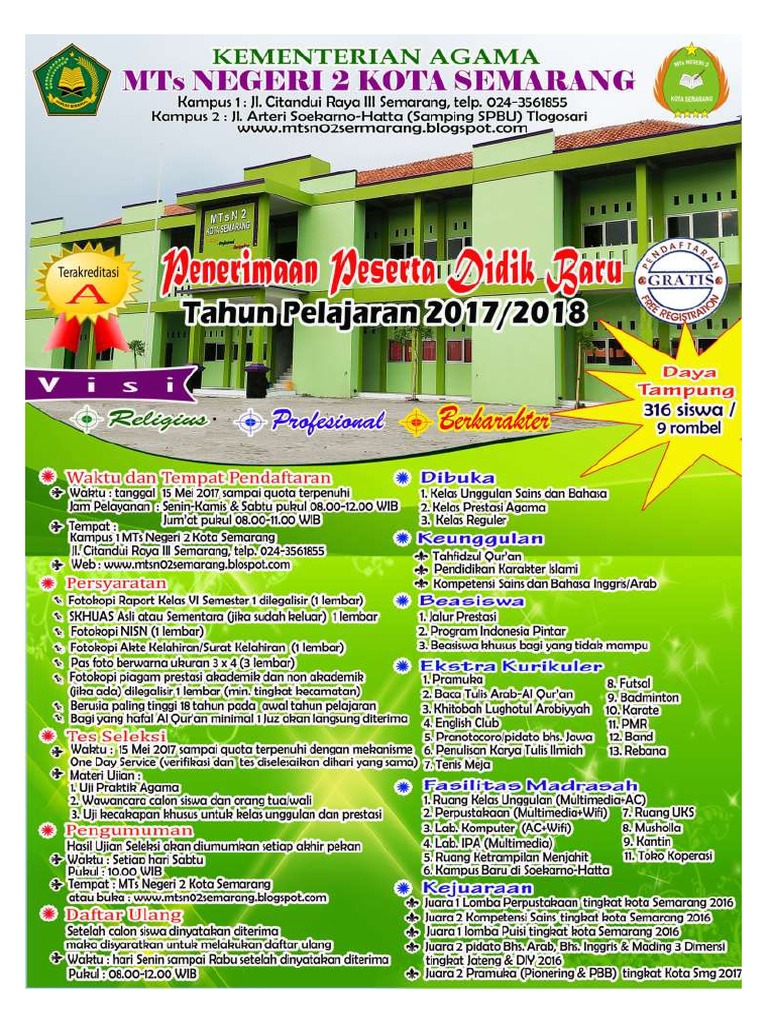 Brosur PPDB MTs Negeri 2 Kota Semarang Tahun Pelajaran 2017-2018 | PDF