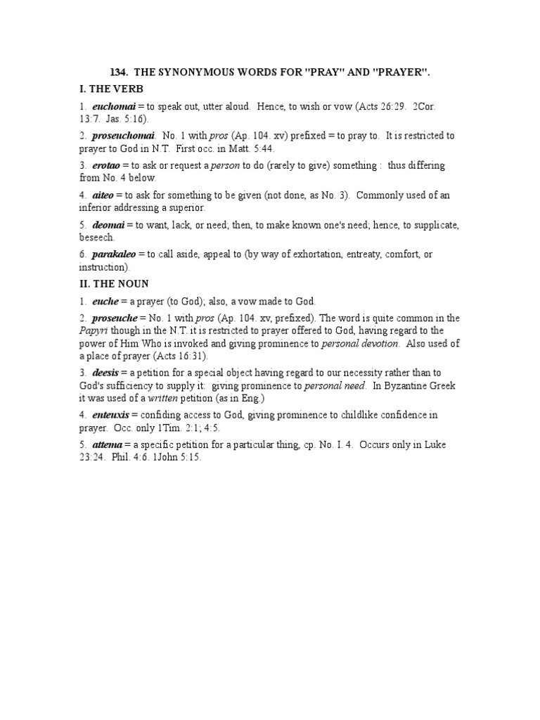 The Synonymous Words For "Pray" and "Prayer". I. The Verb | PDF