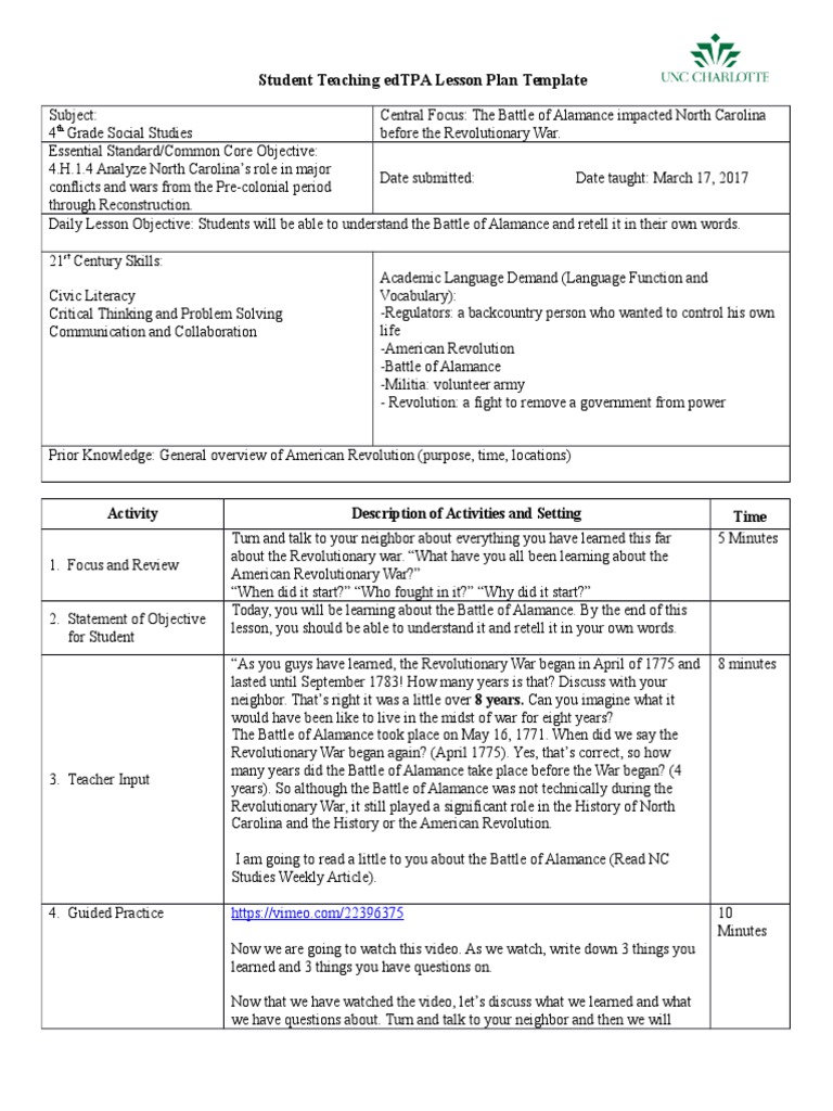 Student Teaching Edtpa Lesson Plan Template: Activity Description of ...