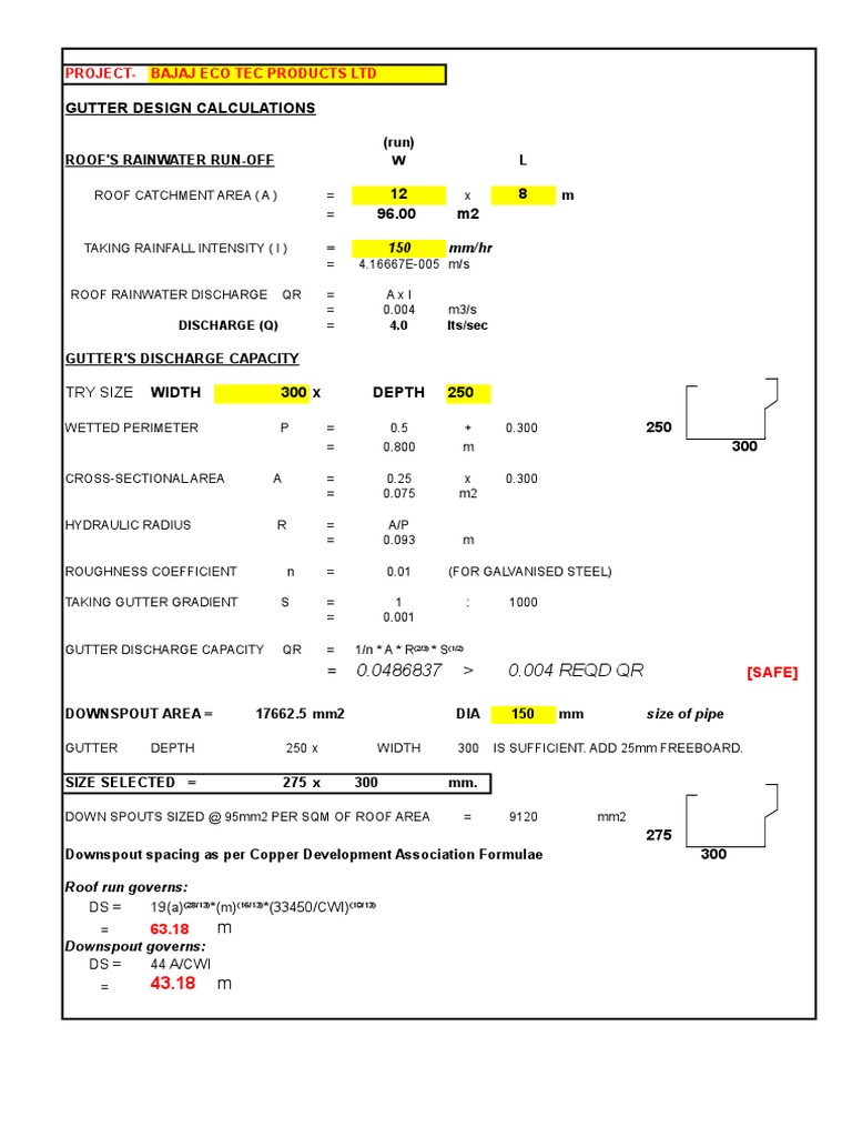 Gutter Design Calculations: Try Size Width | PDF | Hydraulic ...