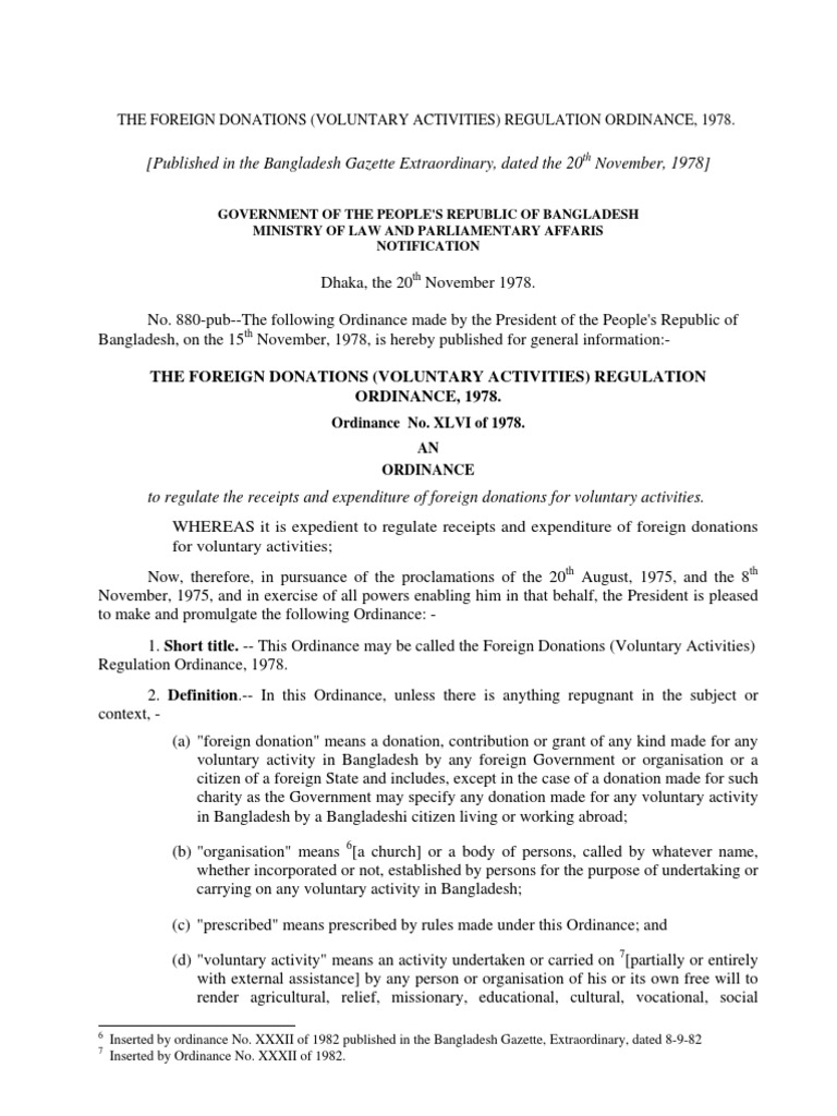 Foreign Donations Regulation Ordinance 1978 | PDF | Bangladesh | Social ...