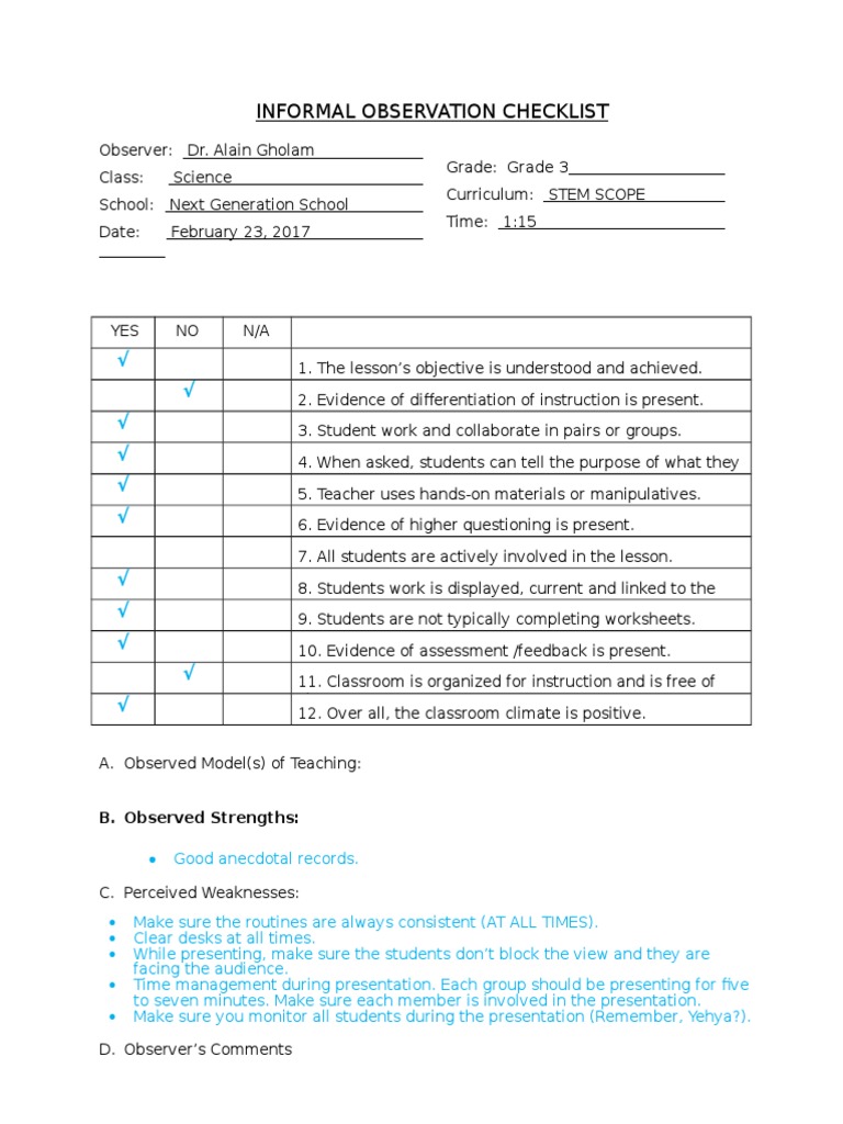 Informal Classroom Observation Checklist | PDF