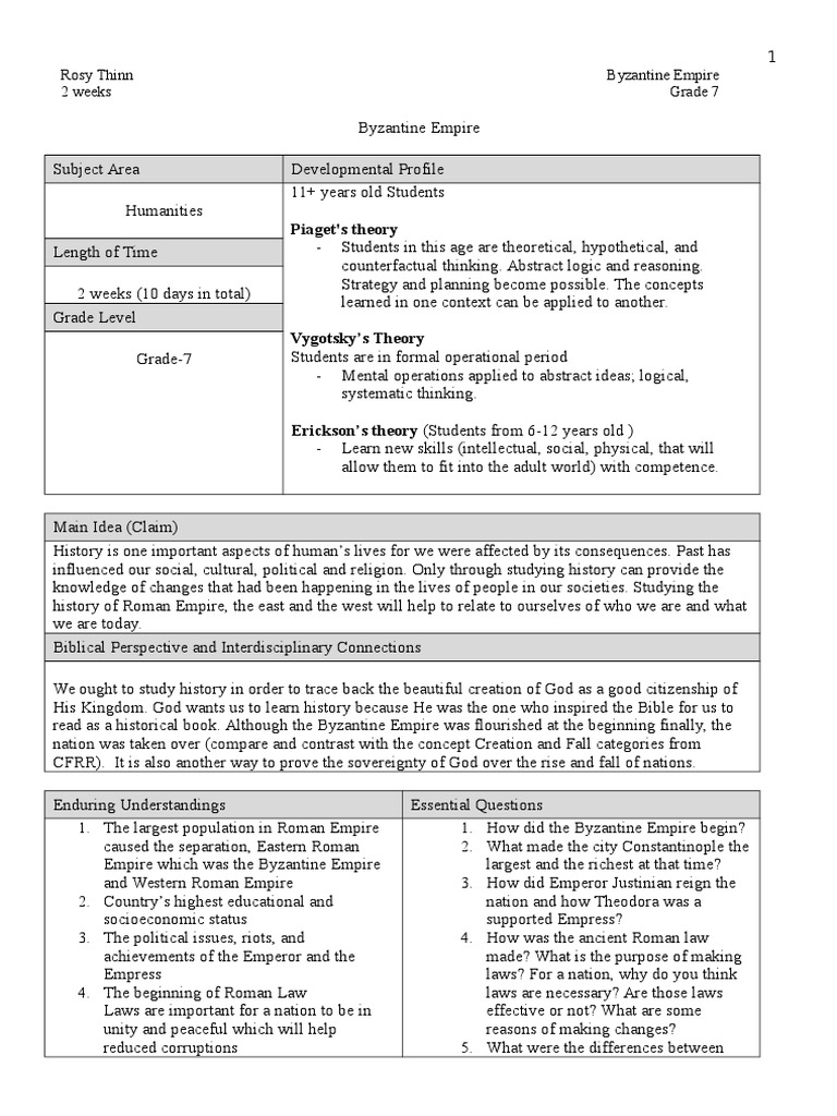 Byzantine Empire Lesson Plan for Grade 7 | PDF | Educational Assessment ...