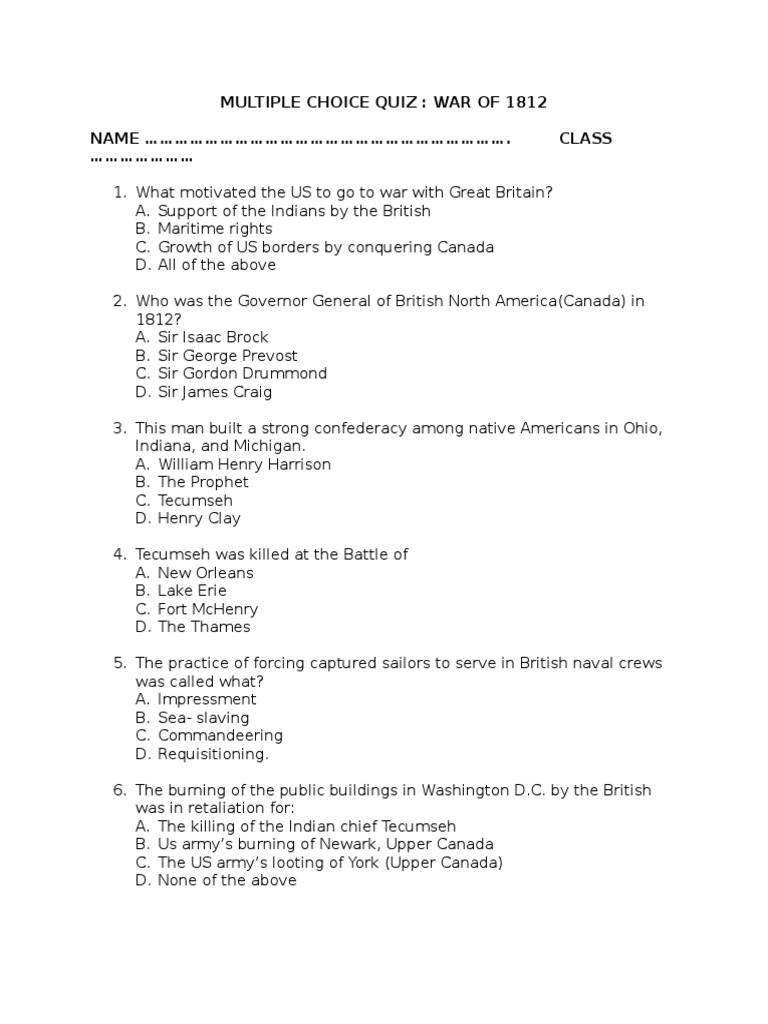 Multiple Choice Quiz - War of 1812 | PDF
