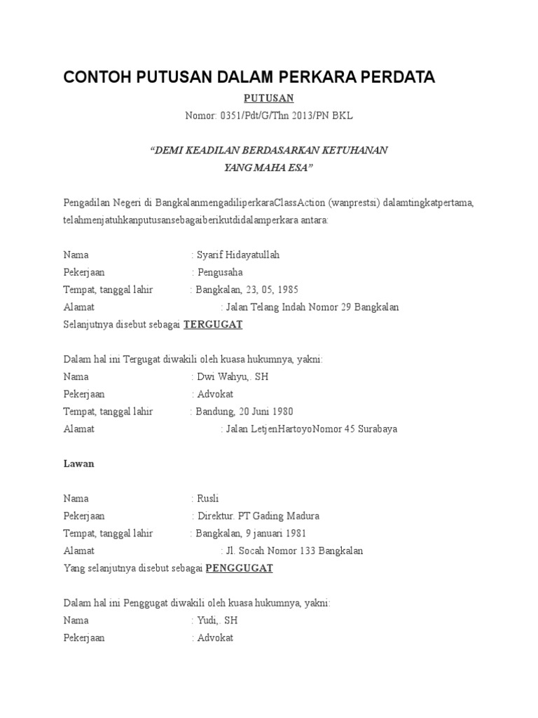 Contoh Putusan Dalam Perkara Perdata | PDF