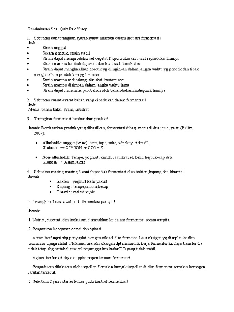 Fermentasi Quiz Pak Yusep (Fix) | PDF | Teknologi & Rekayasa