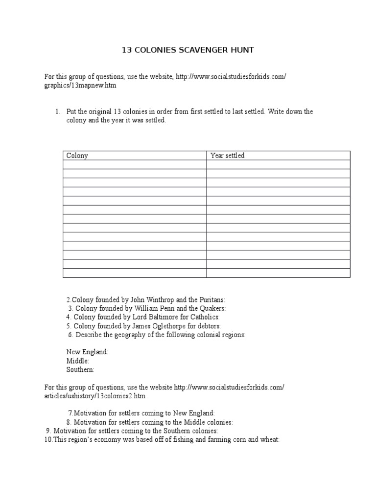 13 Colonies Scavenger Hunt | PDF | Thirteen Colonies | Agriculture