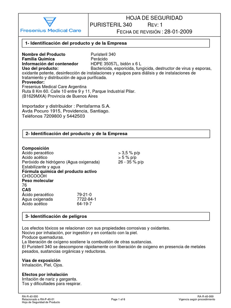 Hoja de Seguridad Puristeril 340 | PDF | Oxígeno | Peróxido de hidrógeno