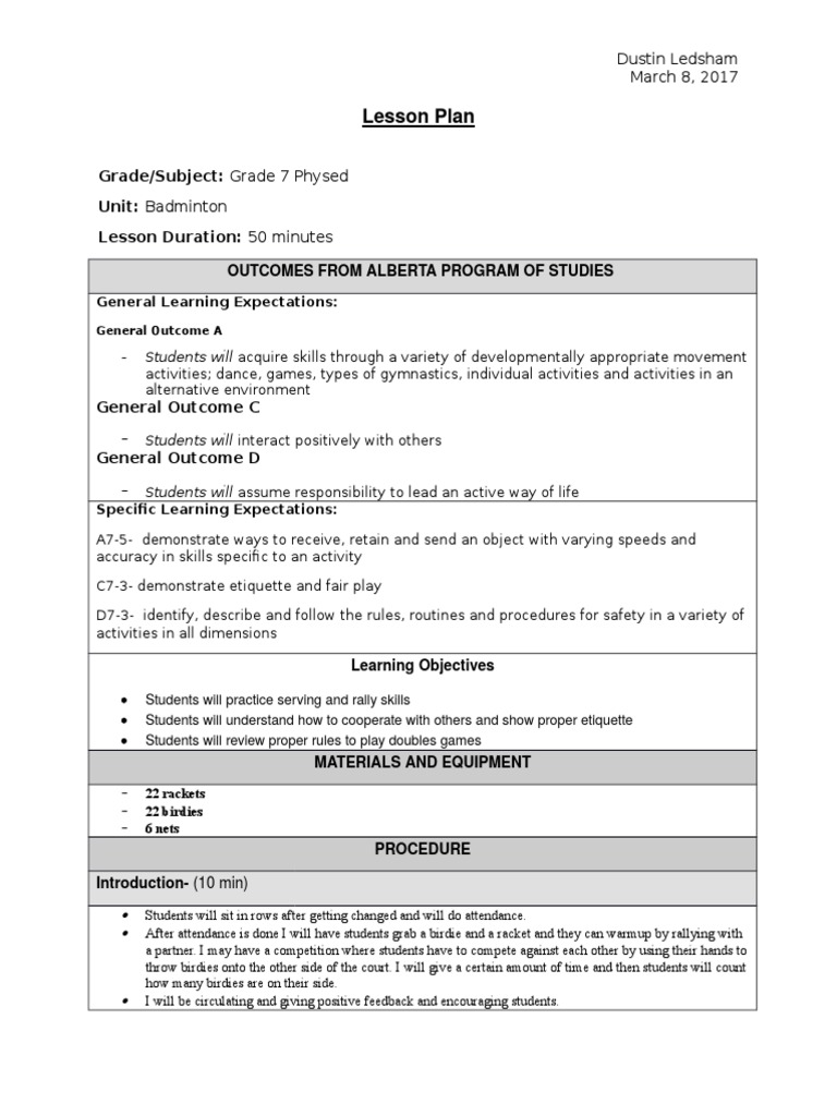 Grade 7 Badminton Lesson Plan | PDF | Learning | Teaching