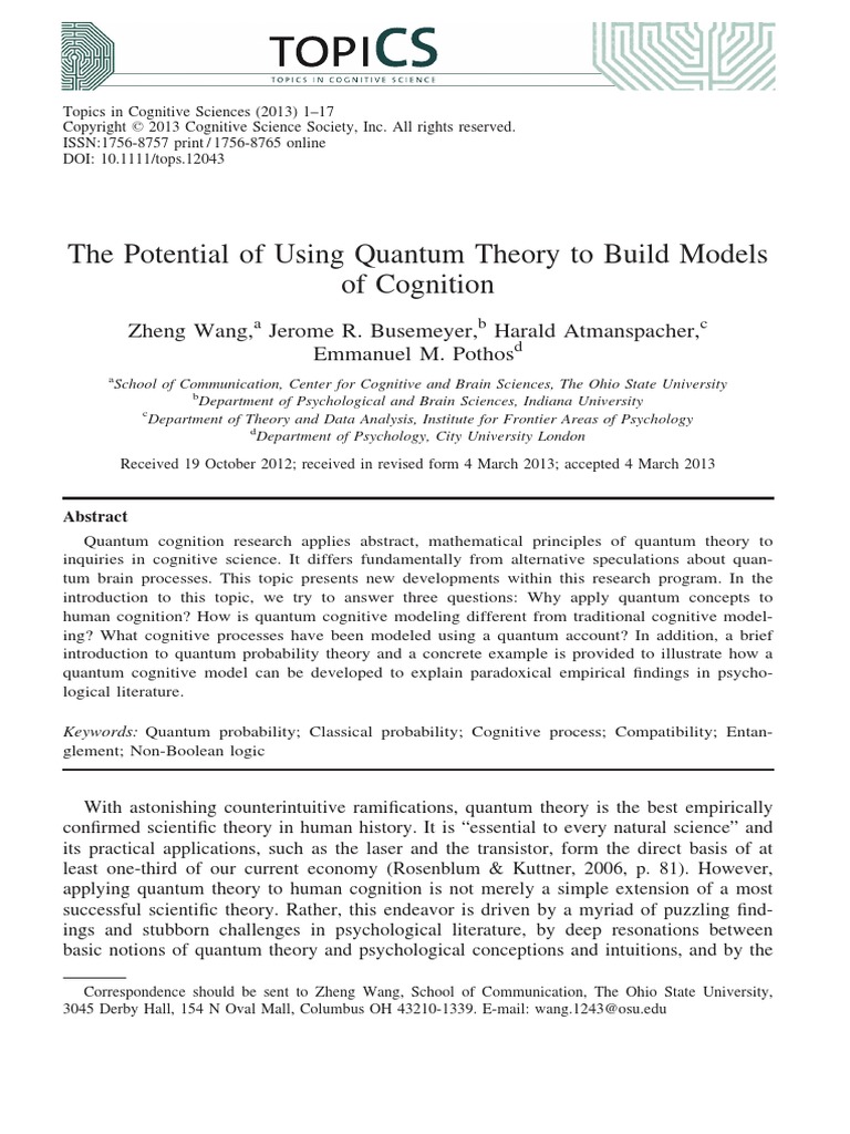 Wang Et Al (2013) Quantum Cognition PDF | PDF | Quantum Entanglement | Quantum Mechanics