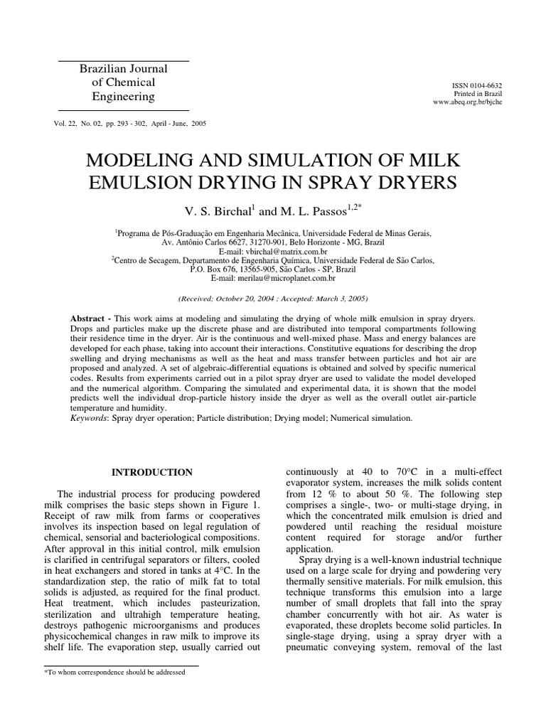 Milk Emulsion Drying in Spray Dryers | PDF | Standard Deviation | Gases
