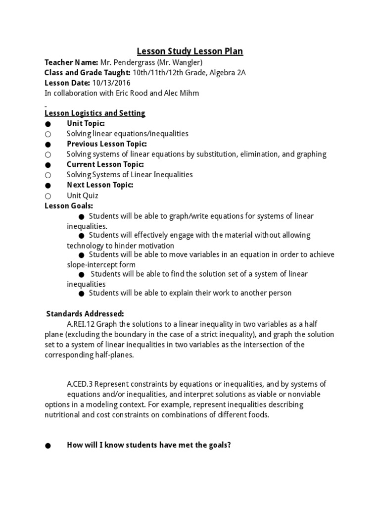 Lesson Study Lesson Plan | PDF | Inequality (Mathematics) | Equations