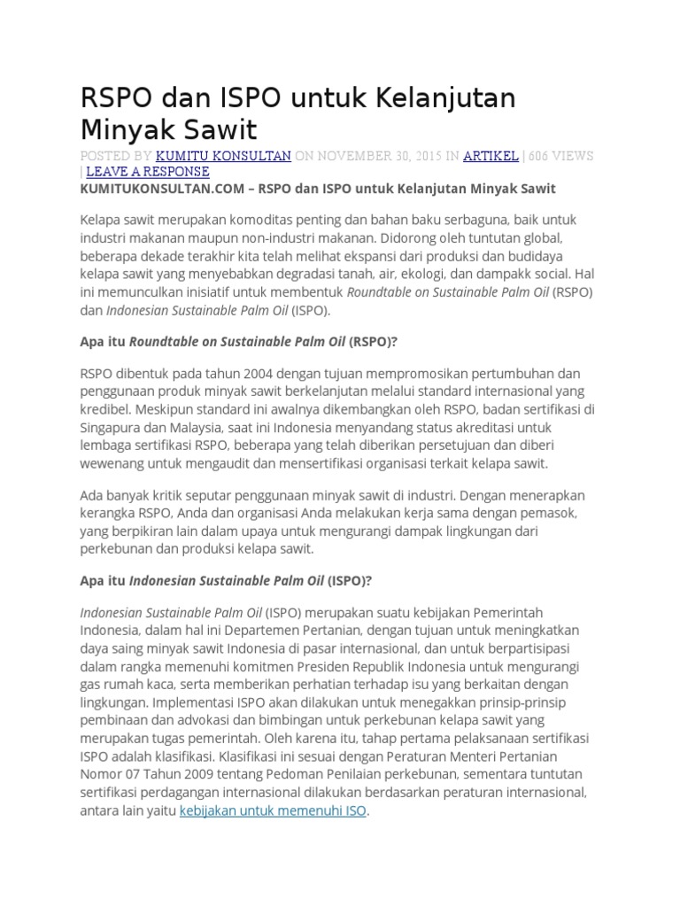 RSPO Dan ISPO Untuk Kelanjutan Minyak Sawit | PDF