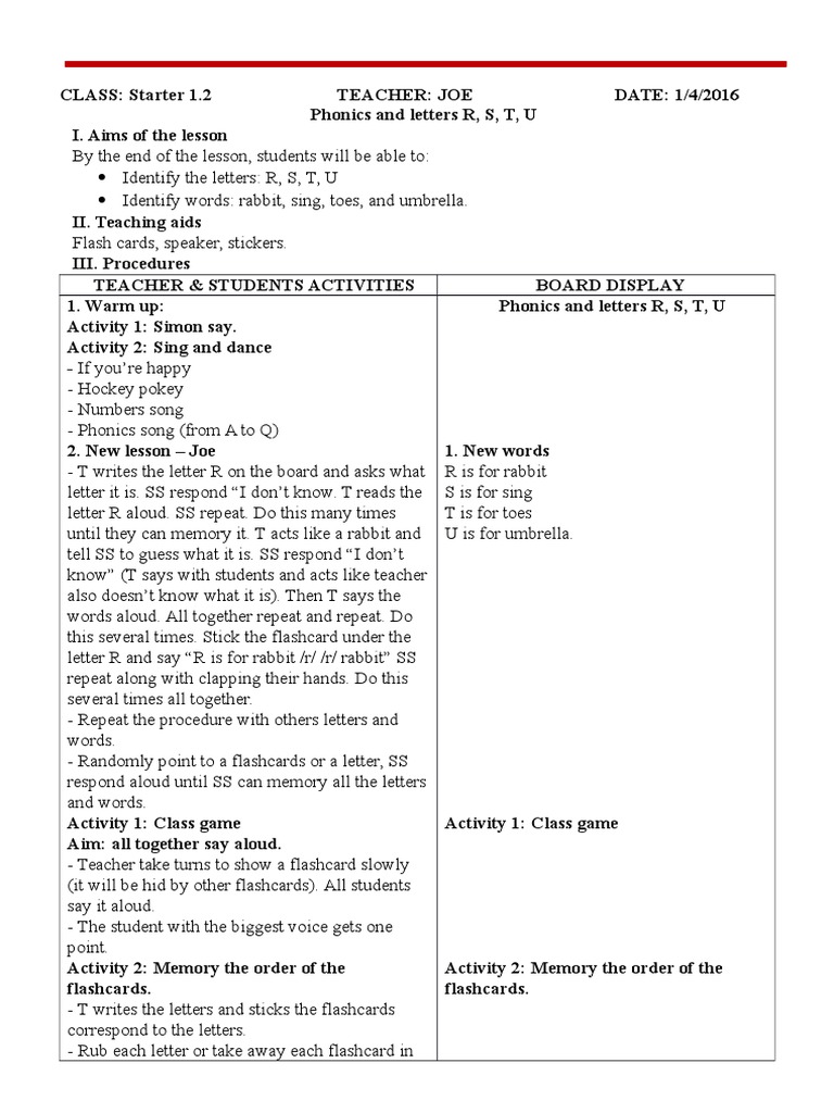 Phonics Lesson for Letters R, S, T, U | PDF | Phonics | Pedagogy