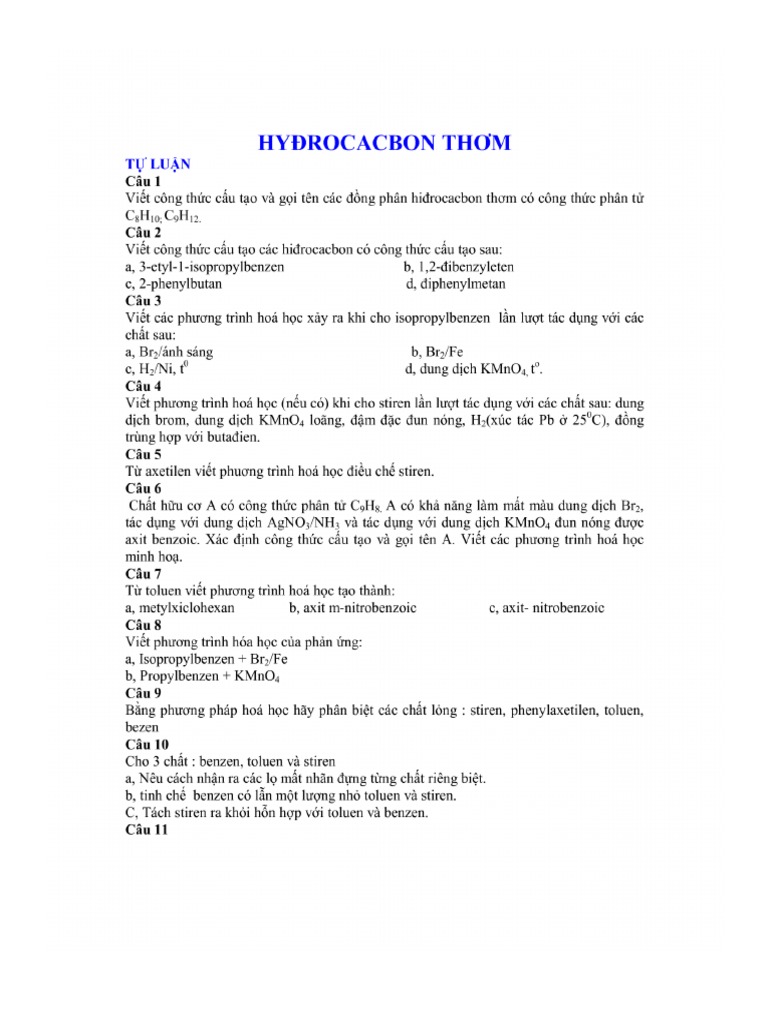 Bài Tập TL Và TN Chương Hydracacbon Thơm | PDF