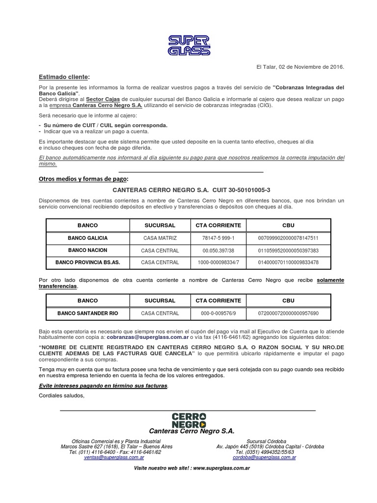 Instructivo de Pago Superglass - Cerro Negro 02-11-16 | PDF | Cheque | Bancos