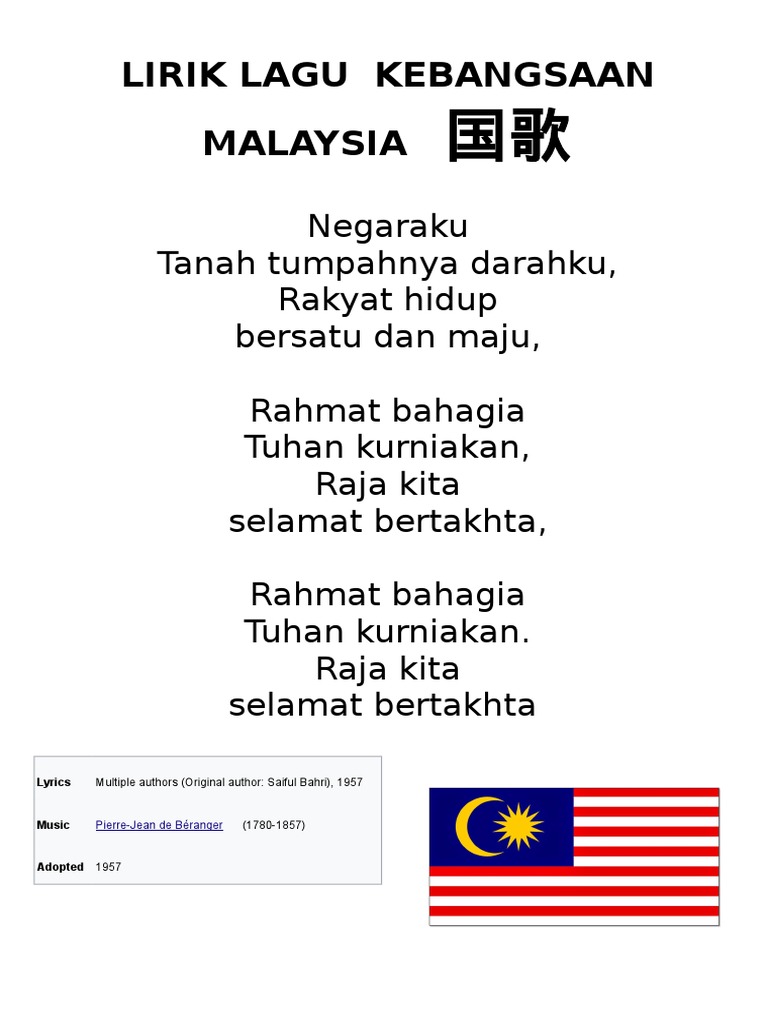Lirik Lagu Kebangsaan Malaysia 国歌 | PDF
