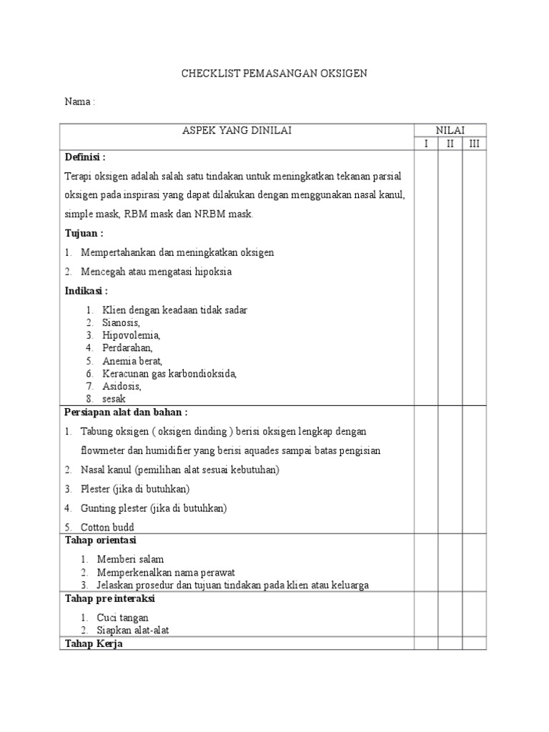 Checklist Pemasangan Kanul Oksigen | PDF