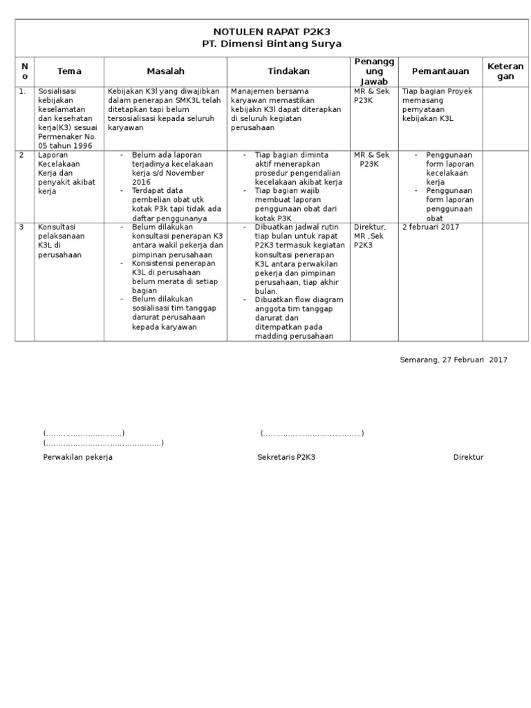 Notulen Rapat P2K3 | PDF | Teknologi & Rekayasa