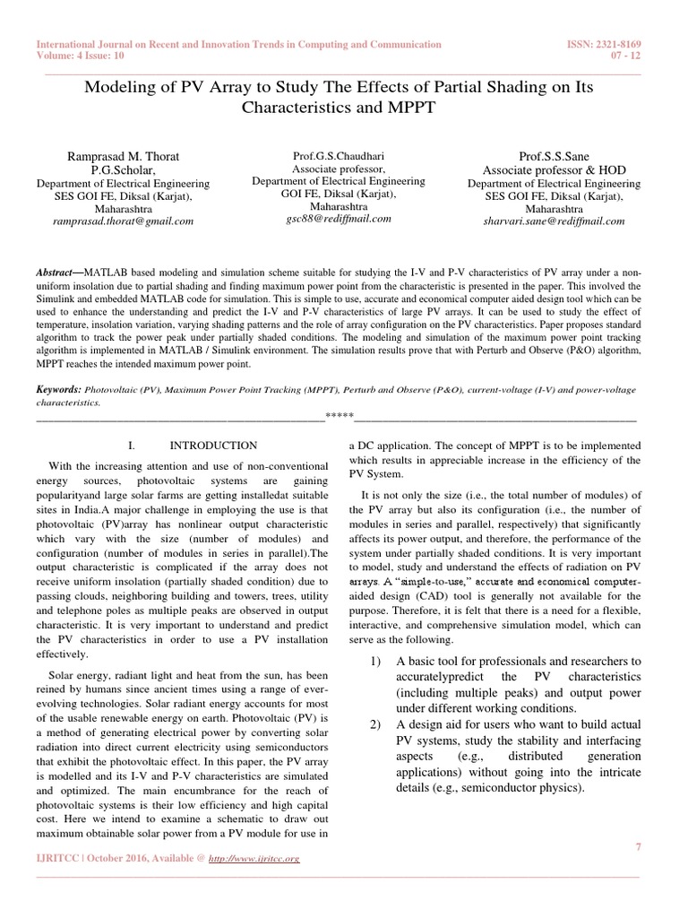 Modeling of PV Array To Study The Effects of Partial Shading On Its Characteristics and MPPT ...