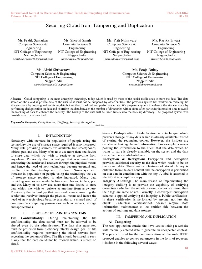 Securing Cloud From Tampering and Duplication | PDF
