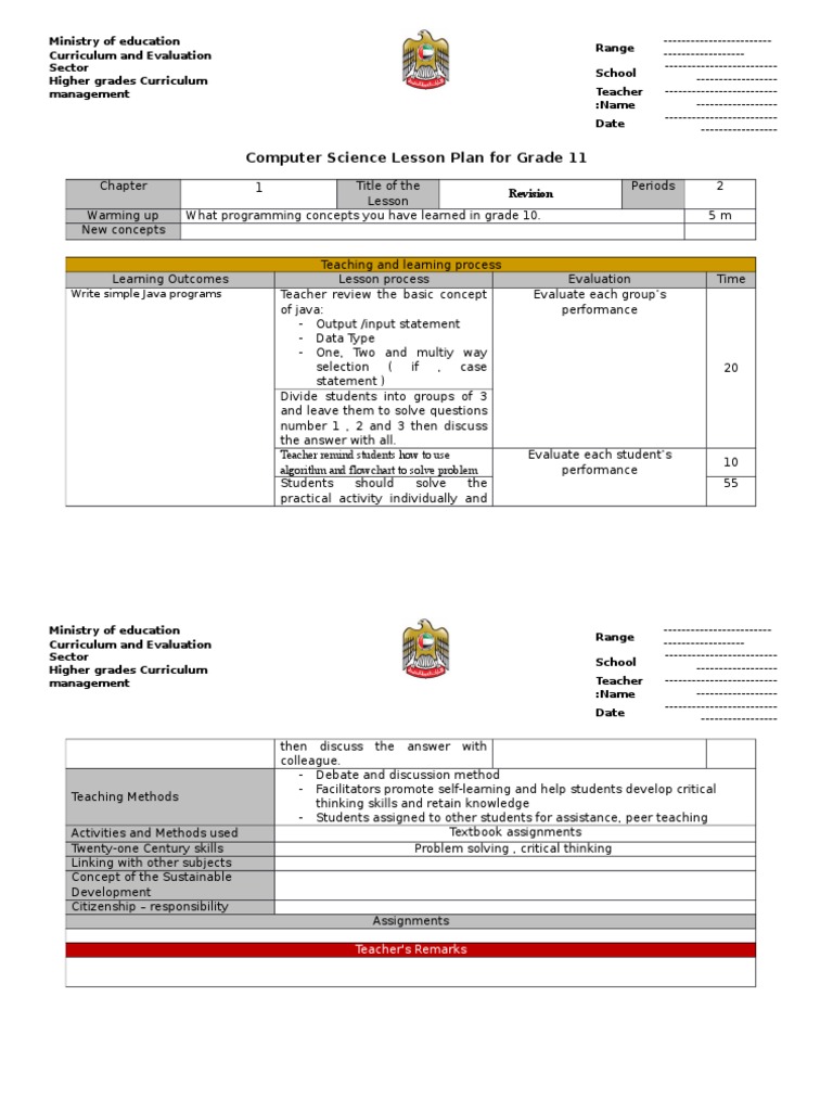 Computer Science Lesson Plan For Grade 11: Revision | PDF | Curriculum | Teachers