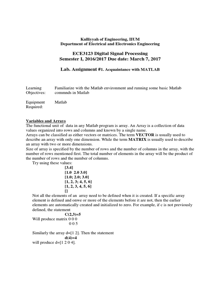MATLAB Array Basics and Lab Assignment | PDF | Matlab | Matrix ...