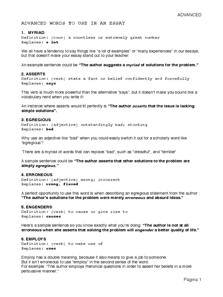Advanced Vocabulary for Essays | PDF | Definition | Adjective