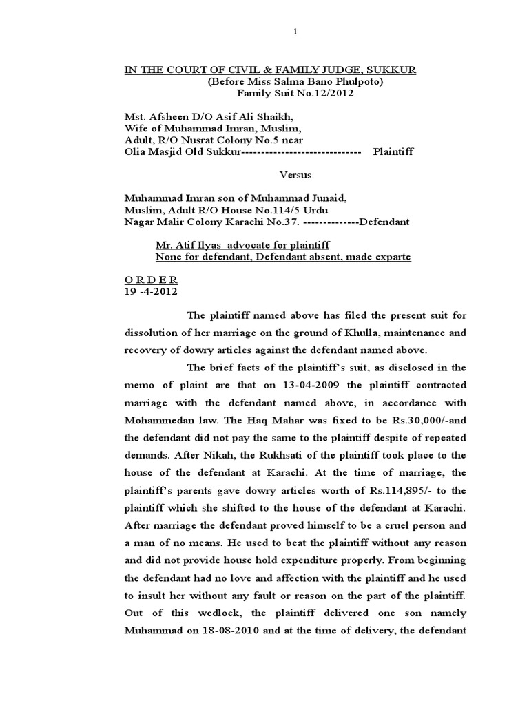 Mst. Afsheen Vs Muhammad Imran | PDF | Ex Parte | Lawsuit