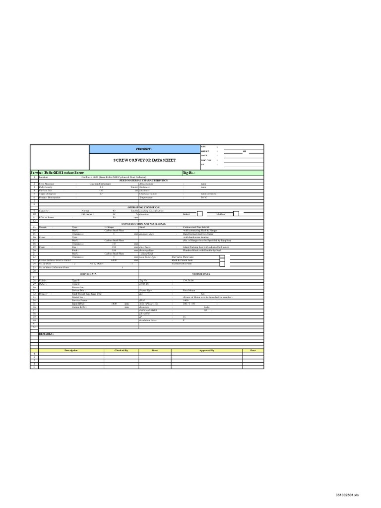 Screw Conveyor Data Sheet: Service: Roller Mill Product Screw | PDF ...