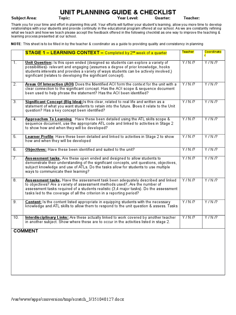 MYP Unit Planning Checklist | PDF | Educational Assessment | Education ...
