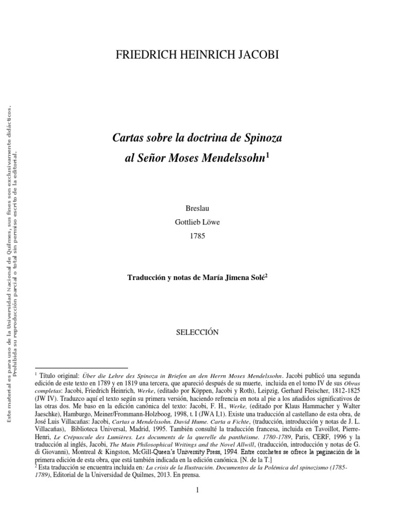 Jacobi Cartas Sobre La Doctrina de Spinoza Al Señor Moses Mendelssohn ...
