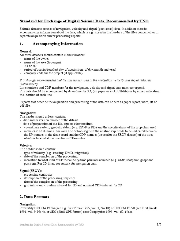 Standard for Exchange of Digital Seismic Data: Recommendations for File ...