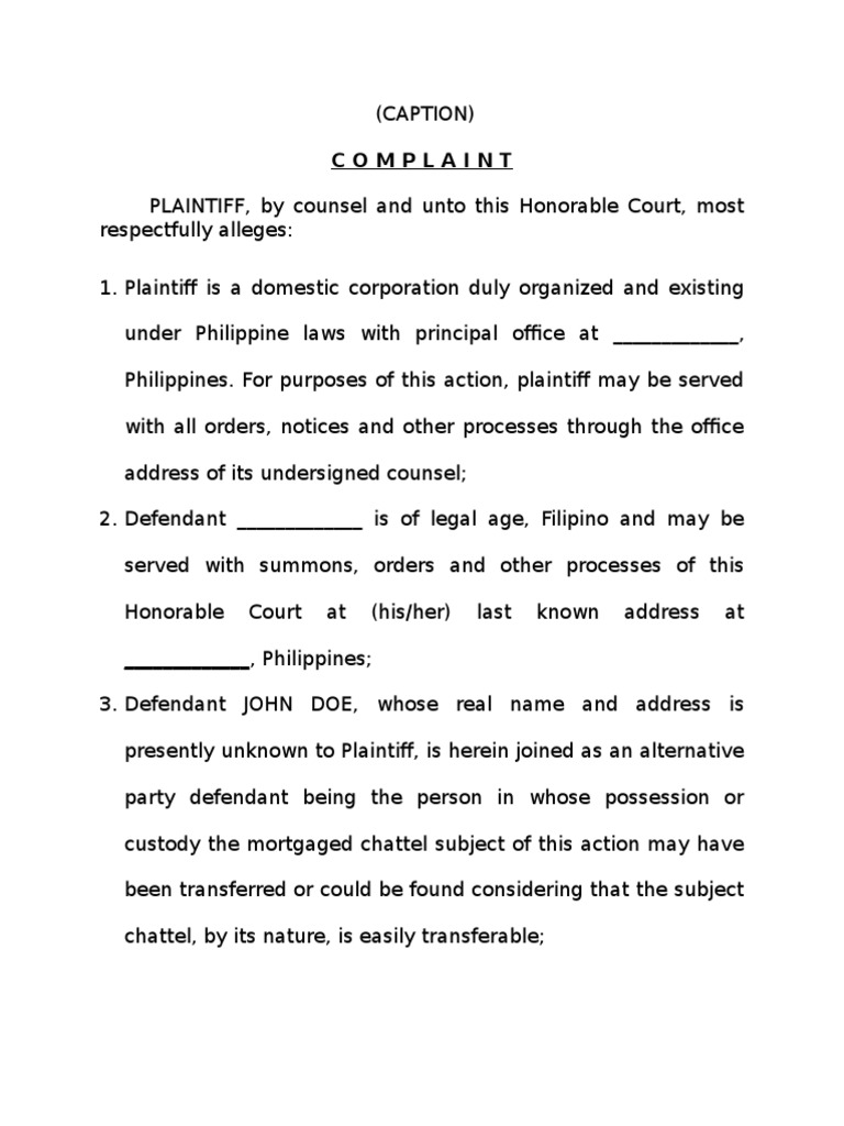 Complaint [Replevin With Prayer for Writ of Replevin] | Foreclosure ...